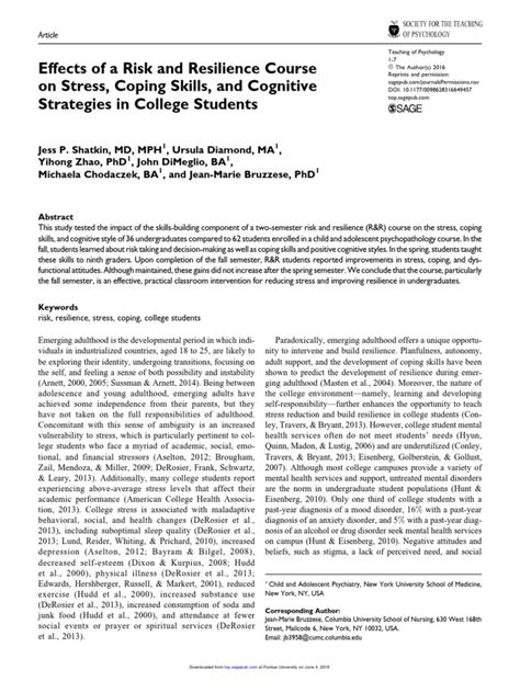 Effects Of A Risk And Resilience Course On Stress Coping Skills And Cognitive Strategies In