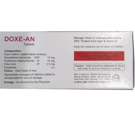 Doxylamine Succinate Pyridoxine Hydrochloride Folic Acid Tablet 20 Mg Packaging Size 100