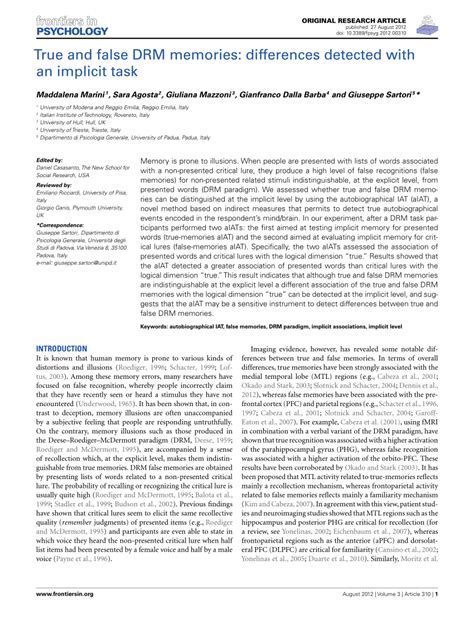 Pdf True And False Drm Memories Differences Detected With An Implicit Task