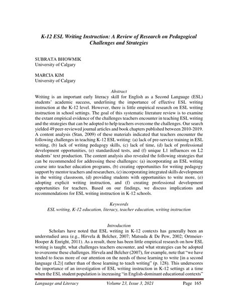 Pdf K 12 Esl Writing Instruction A Review Of Research On Pedagogical Challenges And Strategies