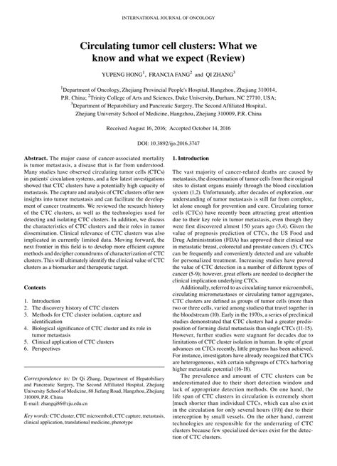 Pdf Circulating Tumor Cell Clusters What We Know And What We Expect
