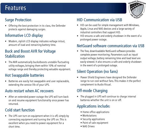 POWERSHIELD Defender 1200VA 720W Line Interactive UPS With AVR Australian Outlets And User