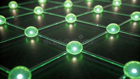 Abstract Green Glowing Molecular Structure With Interconnected Spheres And Lines On Dark
