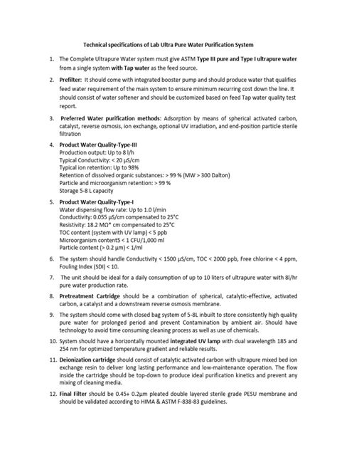 Tech Specs Lab Ultra Pure Water Purification System Pdf Water Management Chemical Process