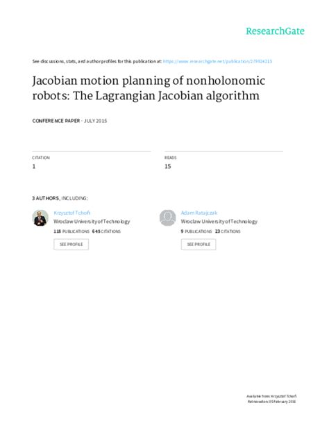 Pdf Jacobian Motion Planning Of Nonholonomic Robots The Lagrangian Jacobian Algorithm