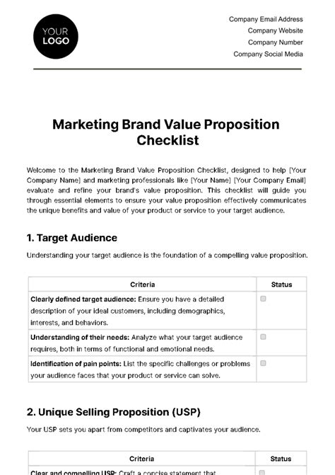 Free Marketing Brand Value Proposition Checklist Template To Edit Online