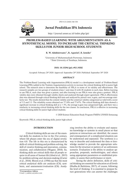 Pdf Problem Based Learning With Argumentation As A Hypothetical Model To Increase The Critical