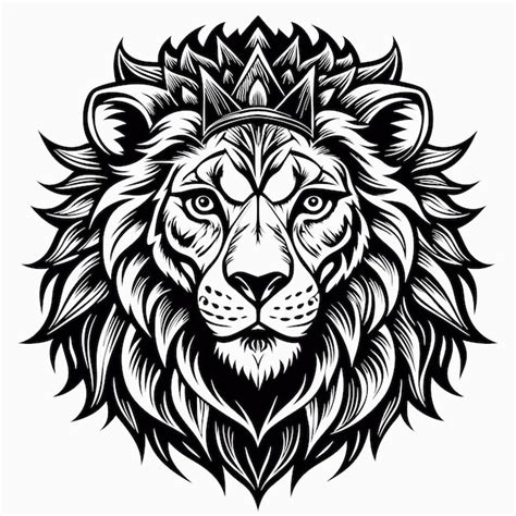 A Detailed Black And White Illustration Of A Lion39s Head With A Crown