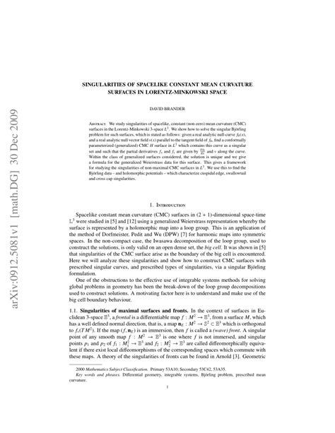 Pdf Singularities Of Spacelike Constant Mean Curvature Surfaces In Lorentz Minkowski Space