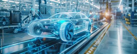 Car Factory Concept Automated Robot Arm Assembly Line Manufacturing High Tech Green Energy