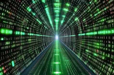 digital data tunnel with green binary code background by generative ai