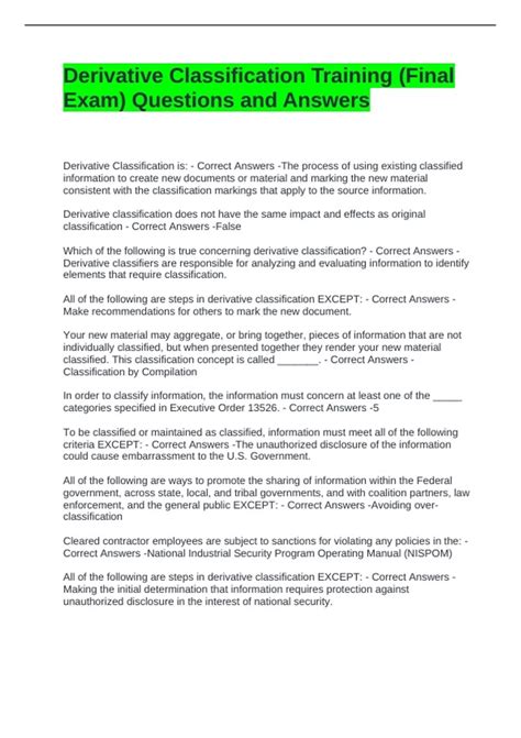 Derivative Classification Training Final Exam Questions And Answers Derivative