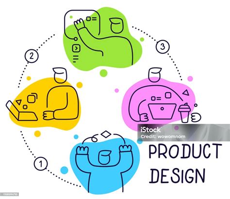 벡터 창조적 인 색상 색 불명예 일러스트 는 비즈니스 맨이 단계적으로 흰색 배경에 제품 디자인을 만드는 일러스트레이션 Launch Party에 대한 스톡 벡터 아트 및 기타