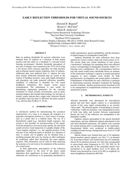 Pdf Early Reflection Thresholds For Virtual Sound Sources
