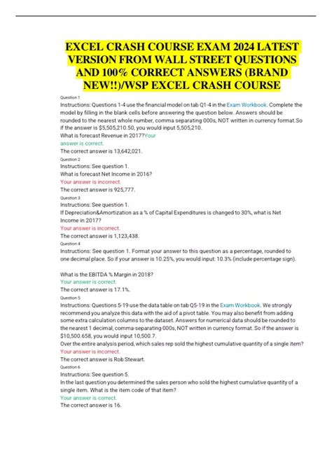 excel crash course exam 2024 latest version from wall street questions