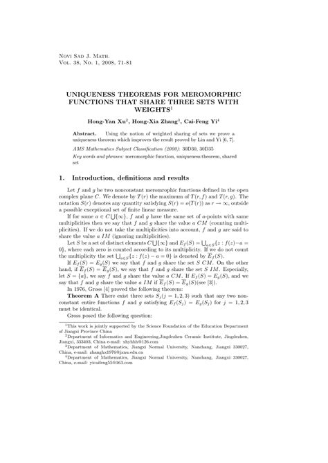 Pdf Uniqueness Theorems For Meromorphic Functions That Share Three Sets With Weights1