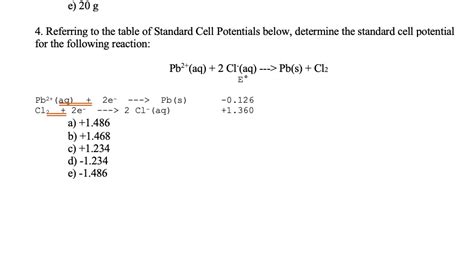 [get Answer] E 20 G Referring To The Table Of Standard Cell Potentials