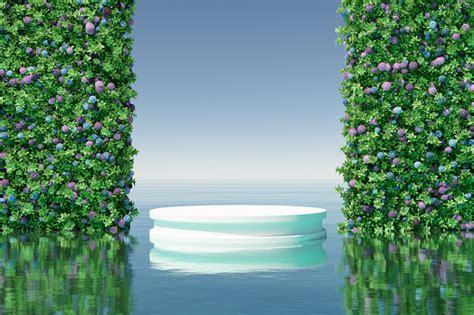 3d 렌더링 플랫폼 및 자연 연단 배경 제품 스탠드 디스플레이 화장품 미용 제품 또는 빈 원형 무대가 있는 스킨케어를 위한 다채로운 꽃 벽이 있는 바다에 있습니다 0명에