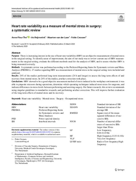 Pdf Heart Rate Variability As A Measure Of Mental Stress In Surgery A Systematic Review