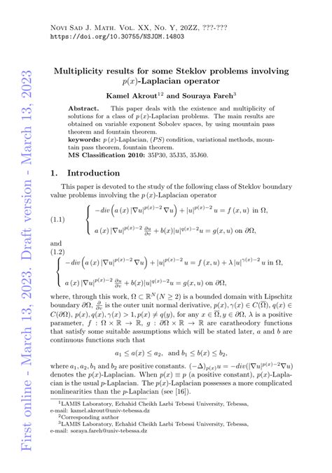 Pdf Multiplicity Results For Some Steklov Problems Involving Px