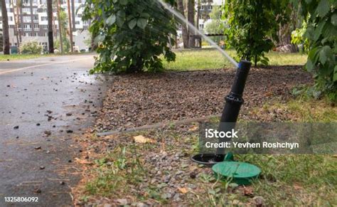 녹색 공원에서 작동하는 잔디 관개 시스템 더운 날씨에 물로 잔디를 살포 자동 스프링클러 잔디에 물을 자동 급수 스프링클러 머리