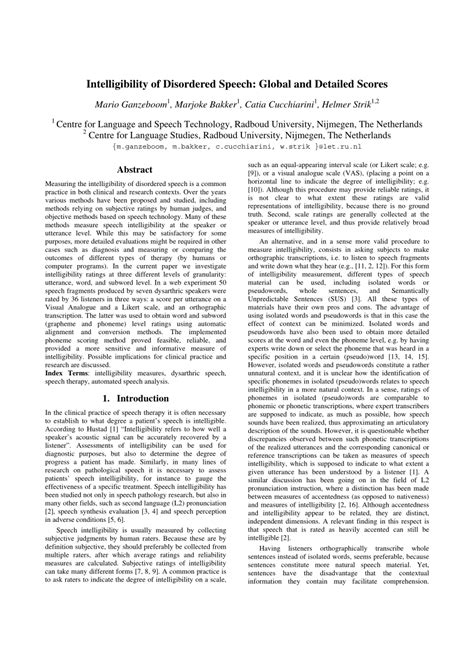 Pdf Intelligibility Of Disordered Speech Global And Detailed Scores