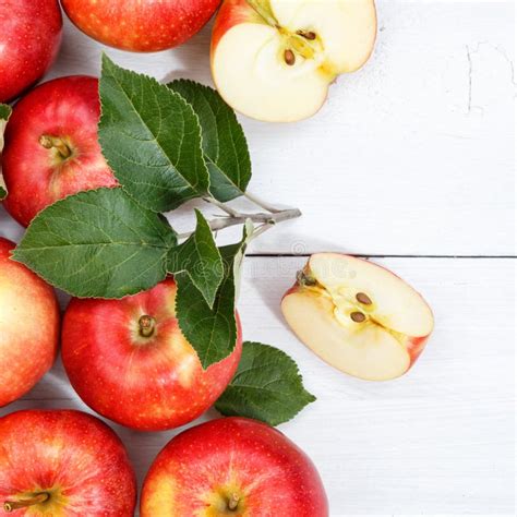 Apples Apple Fruits Fruit With Leaves From Above Square Autumn Fall Copy Space Wooden Board