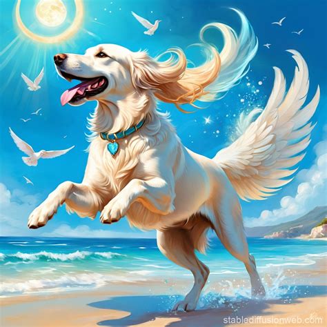 Detalles Muy Clraos De Un Cocker Blanco Sonriendo Y Volando En Un Paracidas Sobre Una Playa Con