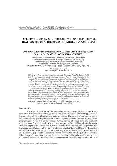 Pdf Exploration Of Casson Fluid Flow Along Exponential Heat Source In