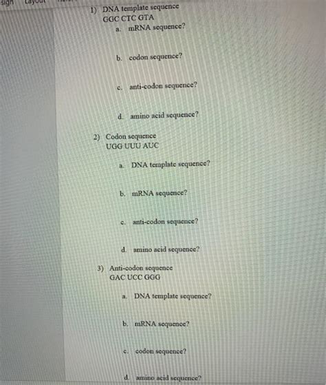 solved esign 1 dna template sequence ggc ctc gta a mrna
