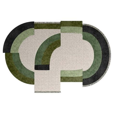 Contemporary Oval Rug With Geometric Pattern In Green Hues And Beige In