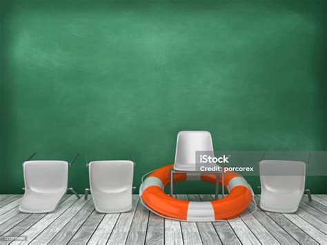 나무 바닥에 의자가있는 라이프 벨트 칠판 배경 3d 렌더링 녹색에 대한 스톡 사진 및 기타 이미지 녹색 담 경계 벽 Istock