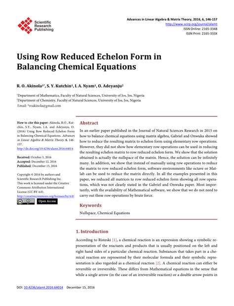 Pdf Using Row Reduced Echelon Form In Balancing Chemical Equations