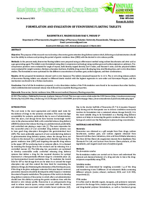 Pdf Formulation And Evaluation Of Fenoverine Floating Tablets