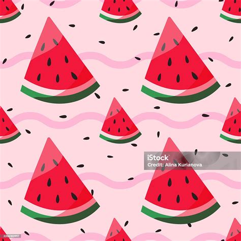 육즙이 많은 분홍색 조각이 있는 매끄러운 수박 프린트로 트렌디하고 현대적인 과일 패턴을 만듭니다 장난기 넘치는 터치로 여름 직물