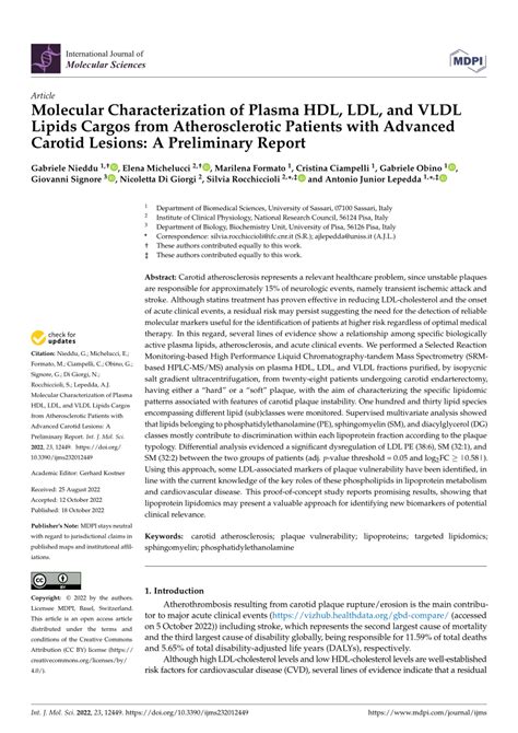 Pdf Molecular Characterization Of Plasma Hdl Ldl And Vldl Lipids Cargos From Atherosclerotic