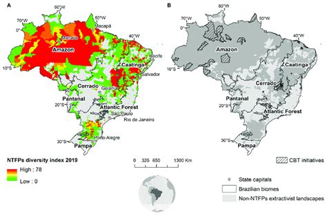 spatial explicit location of a ntfp diversity 2019 index and b