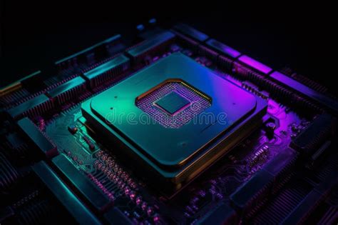 Highly Advanced Microchip Processor With A Series Of Blue And Purple Lights Illuminating Its