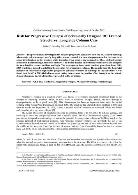 Pdf Risk For Progressive Collapse Of Seismically Designed Rc Framed Structures Long Side