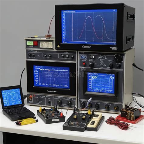 A Setup Of Electronic Testing Equipment With Screens And Circuit Boards