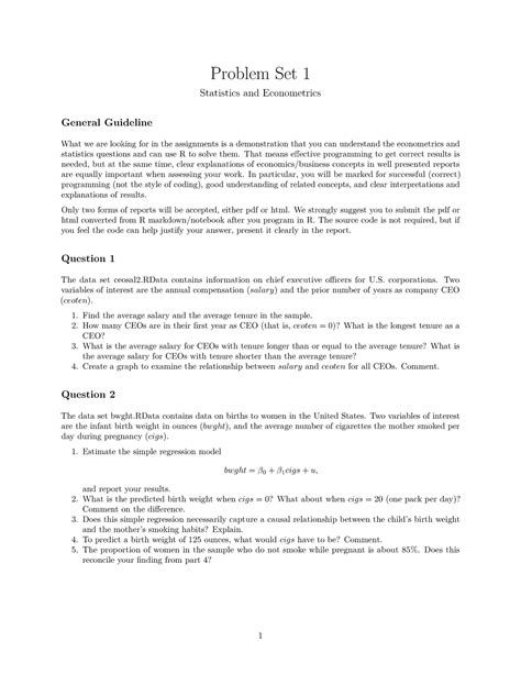 Econometrics Practice Problem Set 1 Statistics And Econometrics