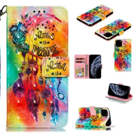Iphone 11 Pro용 3d 페인트 패턴 수평 플립 가죽 케이스홀더 및 카드 슬롯 및 지갑 및 사진 프레임 및 끈 포함꽃 바람 종소리