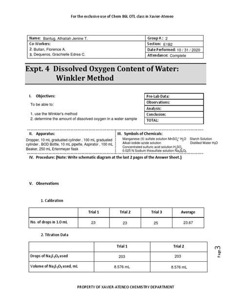 Lab Report 4 Dissolved Oxygen Content Of Water Winkler Method Pdf Chemistry Titration