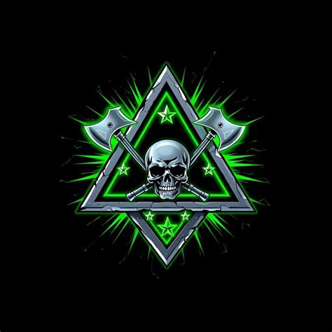 Surging Neon Around A Triangular Badge With Crackled Edges Inside Holds Crossed Axes Skulls And