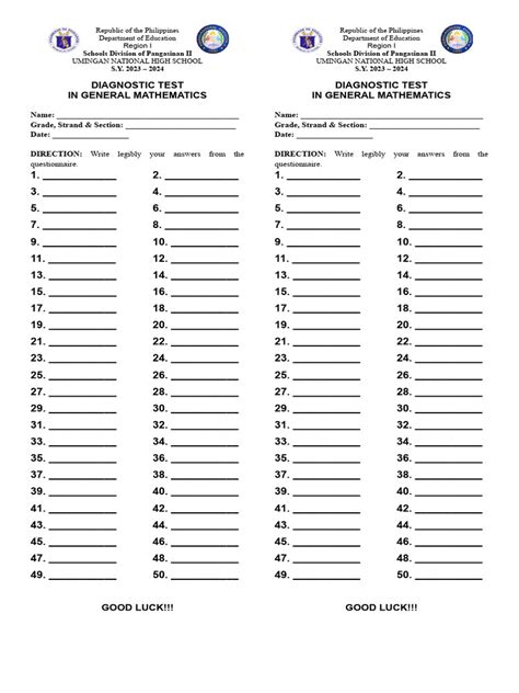Diagnostic Test Answer Sheet Pdf Evaluation Methods