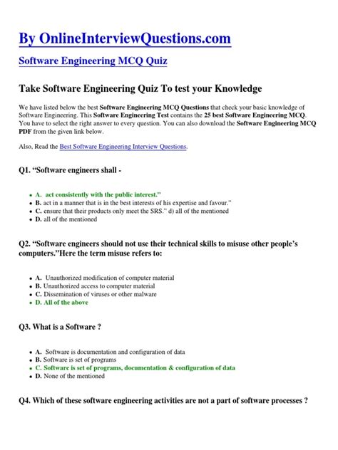 Software Engineering Mcq Pdf Software Development Process Systems