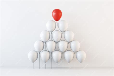 추상적인 밝은 배경 3d 렌더링의 상단에 흰색 풍선과 빨간색 풍선의 피라미드가 있는 리더십 및 비즈니스 성공 개념 프리미엄 사진