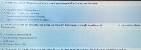 21 Which One Of The Following Activities Is Not An Example Of Incident Coordination A