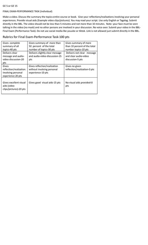 Final Task For Final Exam Performance Task For Ge 5 Or Ge 15 Ge 5