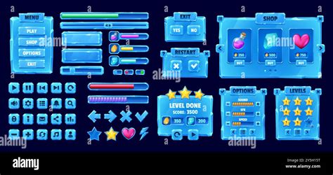 Ice Crystal Game Interface And Buttons Game Ui Asset Cartoon Vector Gui Elements Including